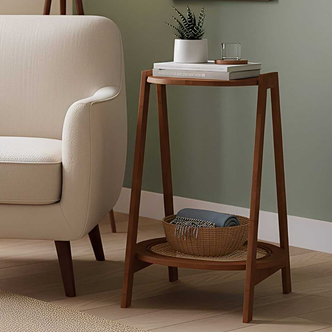 Mesa Lateral Cavalete com Rattan – Cor Imbuia Glazer